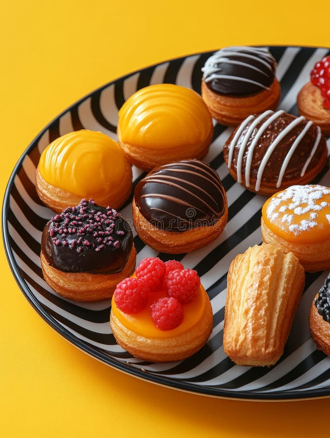 Assorted Pastries on a Striped Plate with a Yellow Background. Stock ...