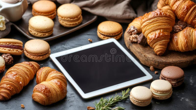 Assorted Pastries and Tablet on Dark Background Stock Illustration ...