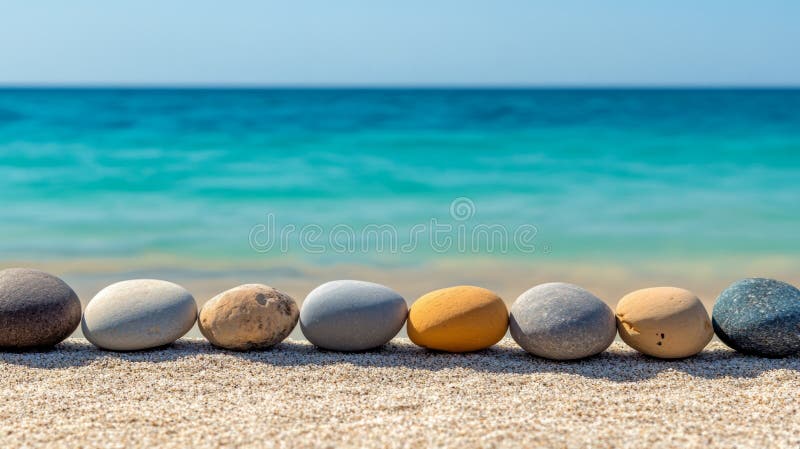 Assorted Pebbles Aligned on a Beach with a Calm Ocean Backdrop Stock ...