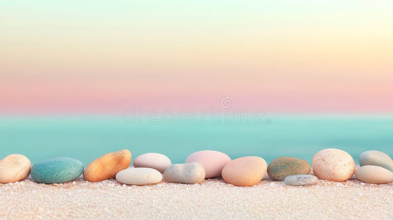 Assorted Pebbles Aligned on a Beach with a Calm Ocean Backdrop Stock ...