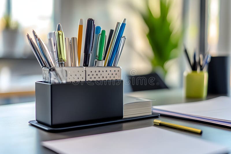 Assorted Pens in Desk Organizer on Modern Office Table Stock Image ...