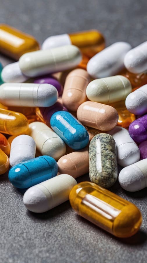 Assorted Pharmaceutical Capsules on Gray Surface Stock Photo - Image of ...