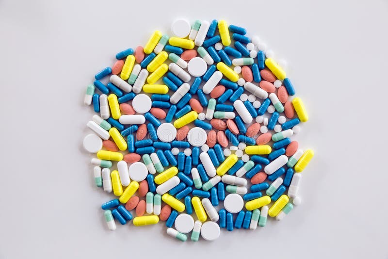 Assorted Pharmaceutical Medicine Pills and Capsules on the Table. Stock ...