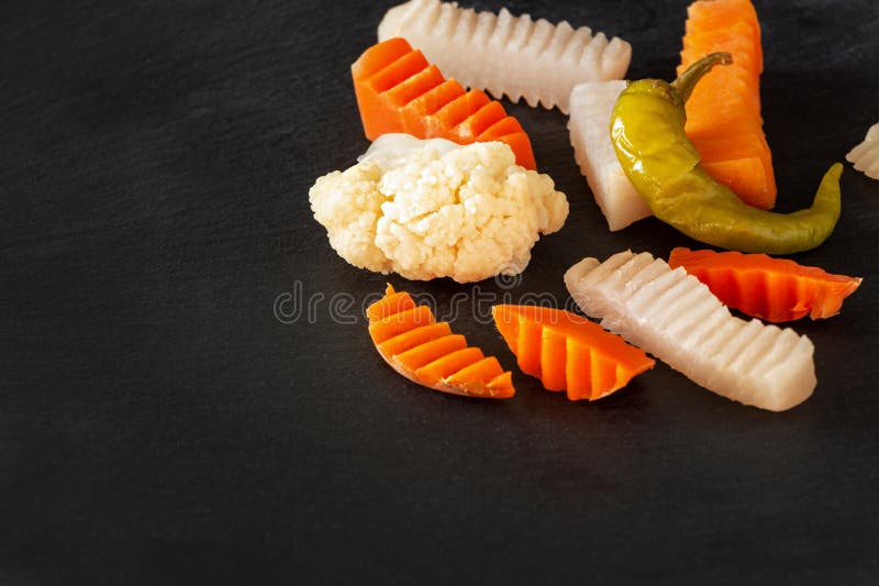 Assorted Pickles Vegetables Carrot, Chili, Radish in White Ceramic Bowl ...