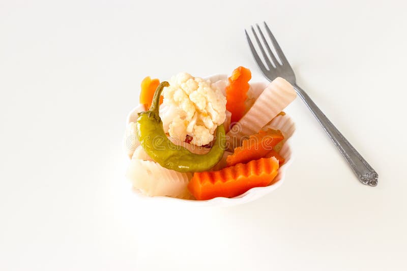 Assorted Pickles Vegetables Carrot, Chili, Radish in White Ceramic Bowl ...