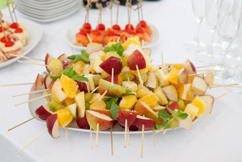 Assorted Pieces of Fruit on Skewers. Fruit Platter. Fruit Snack for the ...