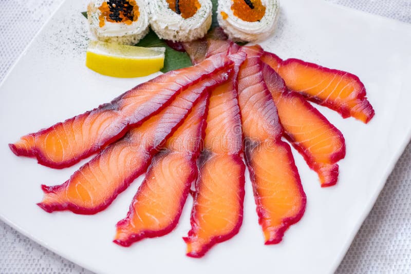 Assorted Pieces of Red Fish on a Table Stock Image - Image of dish ...