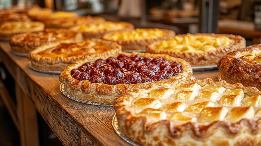 Assorted Pies on a Wooden Table in a Bakery Setting. Stock Image ...