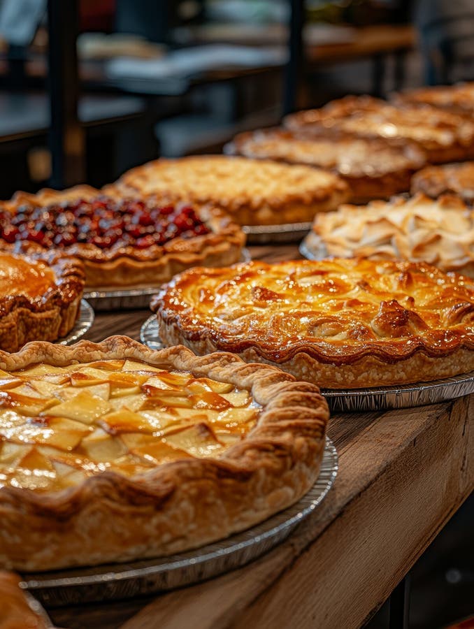 Assorted Pies on a Wooden Table in a Cozy Bakery Setting. Stock Photo ...