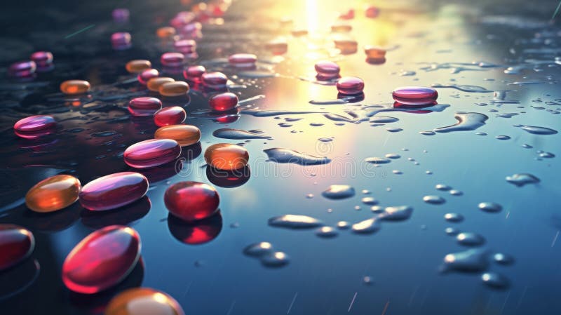 Assorted Pills on Wet Surface Under Rai Stock Illustration ...