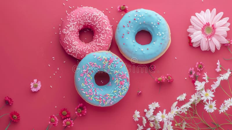 Assorted Pink and Blue Donuts on Vibrant Red Background Adorned with ...