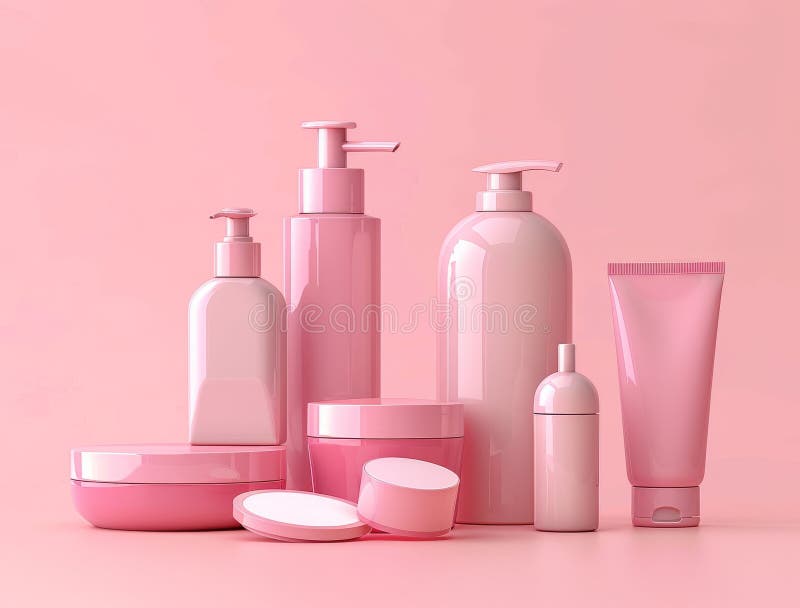Assorted Pink Cosmetic Bottles and Containers on Light Pink Background ...