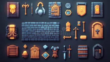 Assorted Pixel Art Game Assets Featuring Weapons Doors Shields on Dark ...