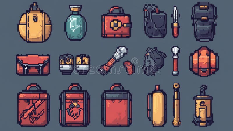 Assorted Pixel Art Item Collection with Bags and Containers on Gray ...