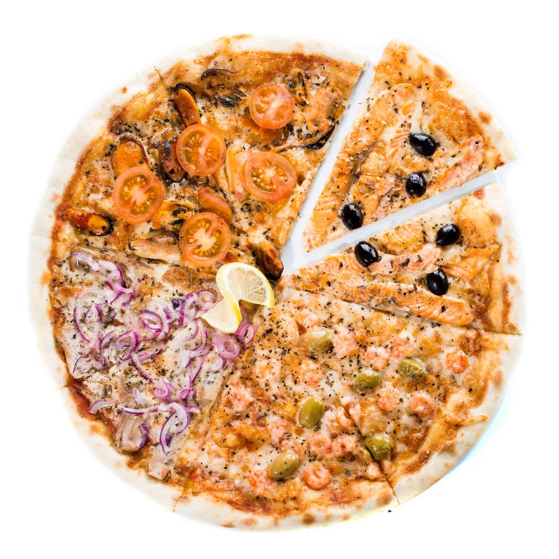 Assorted Pizza With Different Fillings On A Wooden Platter Stock Photo ...