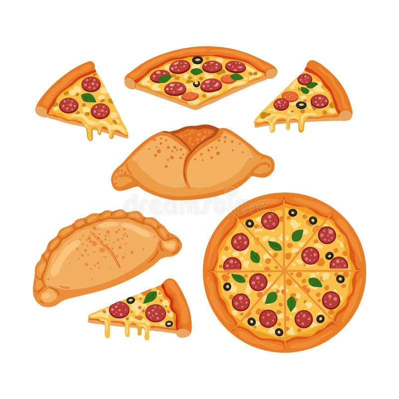 Assorted Pizza Slices and Calzones in Flat Style with Melted Cheese and ...