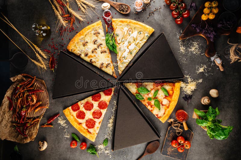 Assorted Pizza Slices with Different Toppings Stock Photo - Image of ...