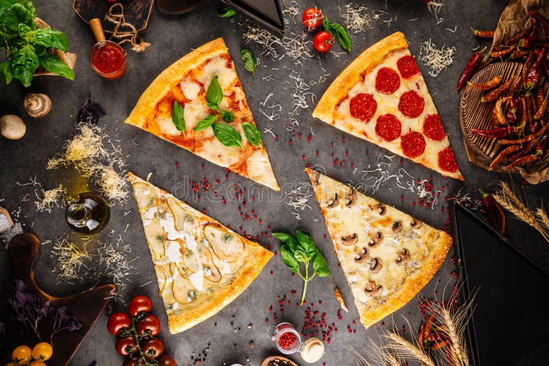 Assorted Pizza Slices with Different Toppings Stock Photo - Image of ...