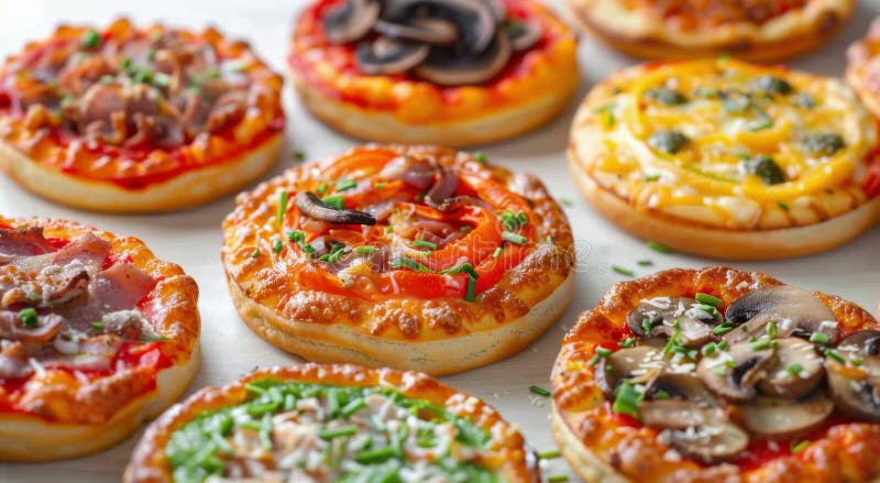 Assorted Pizzas Arranged on White Surface Stock Photo - Image of cheese ...