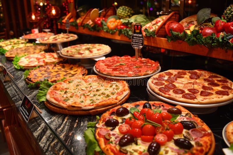 Assorted Pizzas on Buffet Display for Dining Stock Illustration ...