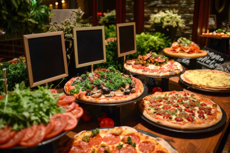 Assorted Pizzas on Buffet Display for Dining Stock Illustration ...