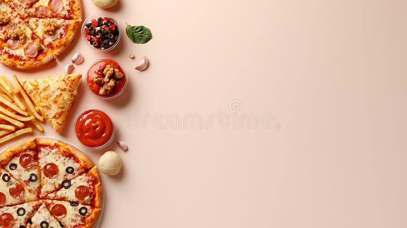 Assorted Pizzas and Fried Chicken on Light Background Stock ...