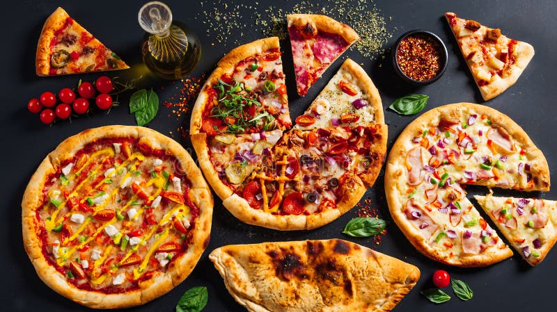 Four Different Types of Pizza Arranged in the Form of Pizza Stock Image ...