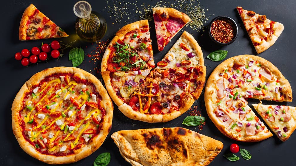 Four Different Types of Pizza Arranged in the Form of Pizza Stock Image ...