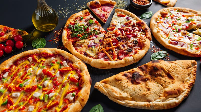 Many Different Kinds of Pizzas with Sauce and Sauce on Top Stock Photo ...