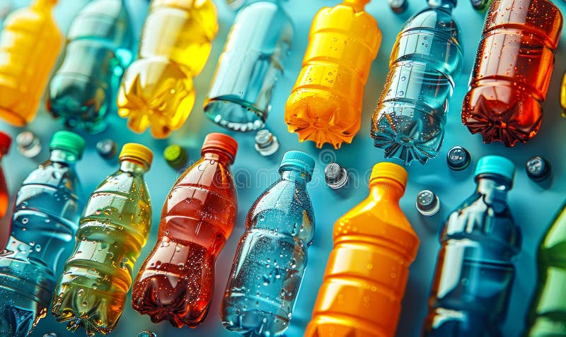 Assorted Plastic Bottles Scattered Across a Blue Background, Depicting ...