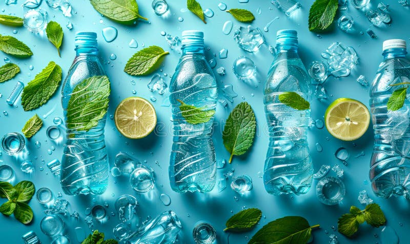 Assorted Plastic Bottles Scattered Across a Blue Background, Depicting ...