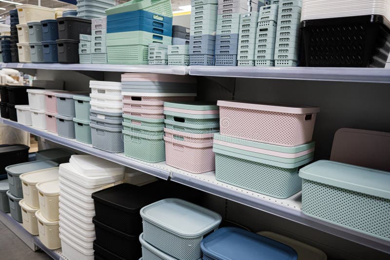 Assorted Plastic Storage Boxes Stacked Neatly on Store Shelves Stock ...