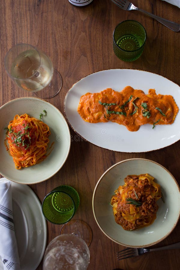 Assorted Plates of Pasta on a Table Stock Image - Image of bolognese ...