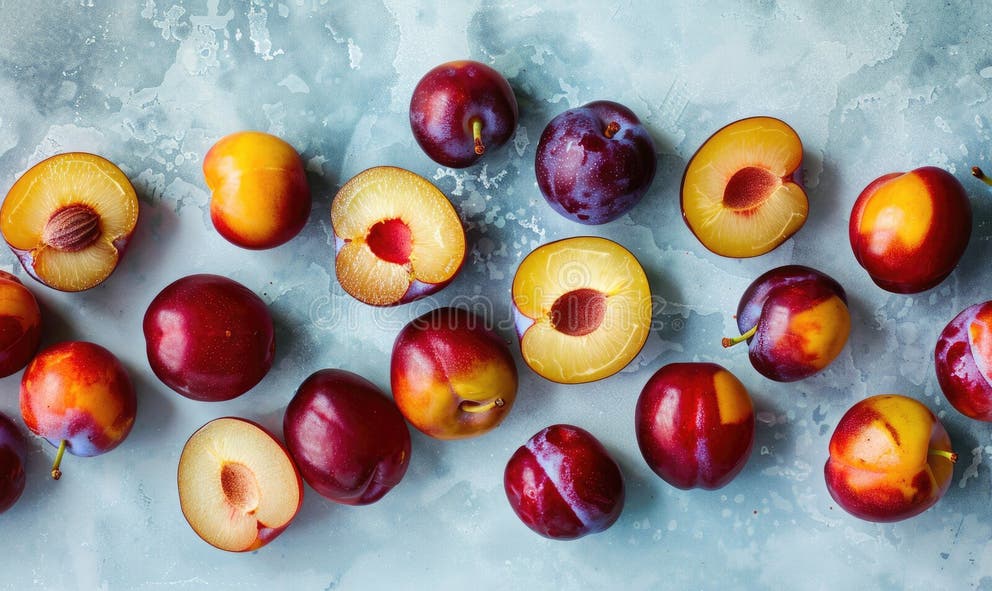 Assorted Plums on a Light Blue Surface, Sliced and Whole Stock Photo ...