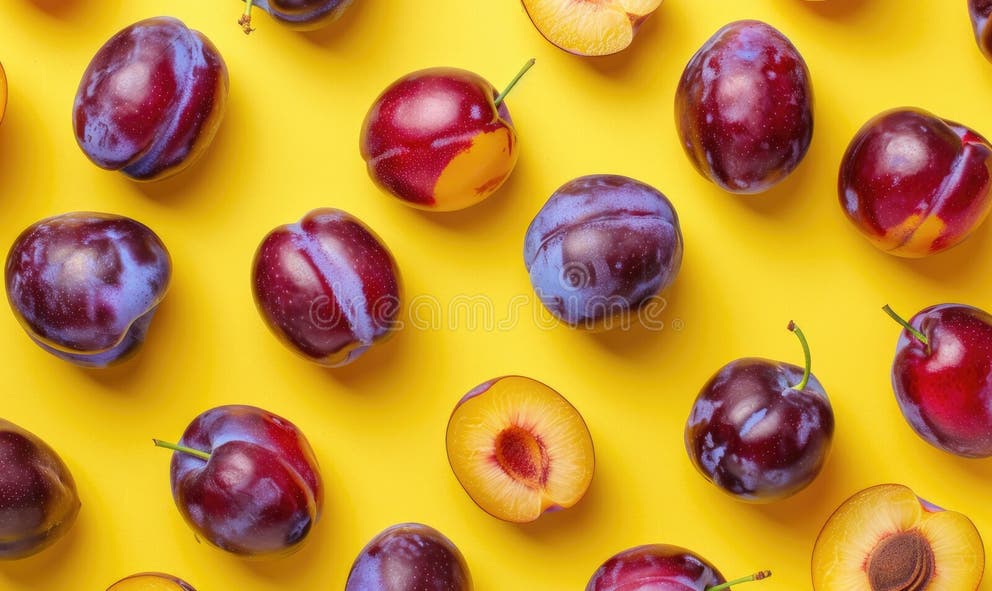 Assorted Plums on a Light Yellow Surface Stock Image - Image of group ...