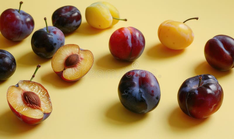 Assorted Plums on a Light Yellow Surface Stock Image - Image of ...