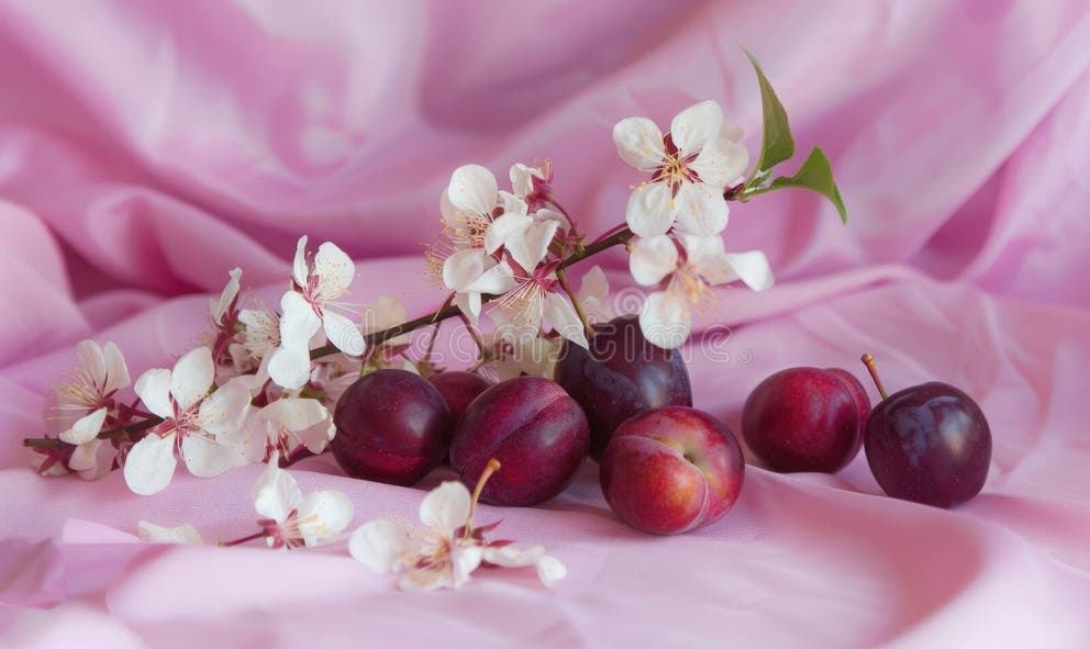 Assorted Plums with a Touch of Plum Blossoms on a Pale Pink Backdrop ...