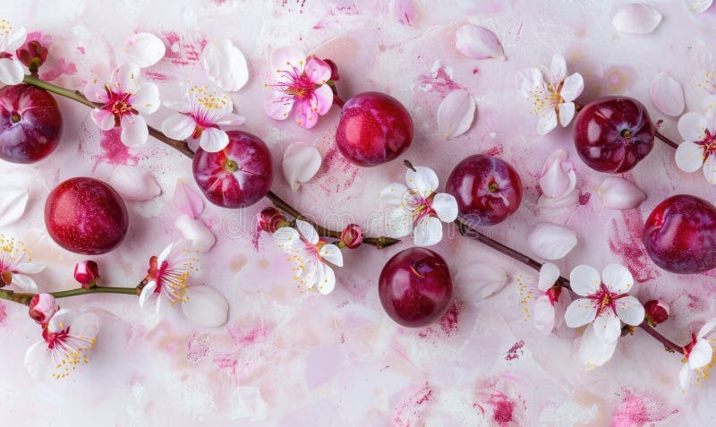 Assorted Plums with a Touch of Plum Blossoms on a Pale Pink Backdrop ...