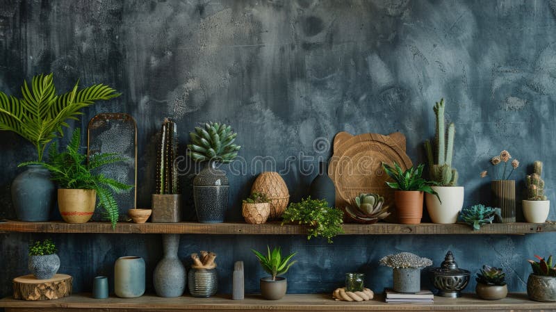 Assorted Potted Plants on Rustic Shelves Stock Photo - Image of ...