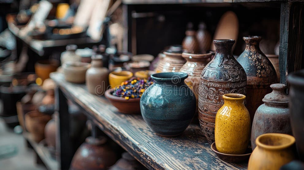 Assorted Pottery and Ceramic Vases on a Rustic Shelf Stock Photo - Image of ceramic, clay: 367610358
