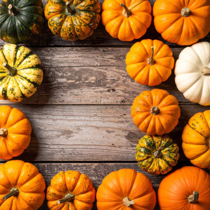 Assorted Pumpkins Arranged on Rustic Wood for Autumn Harvest Border ...