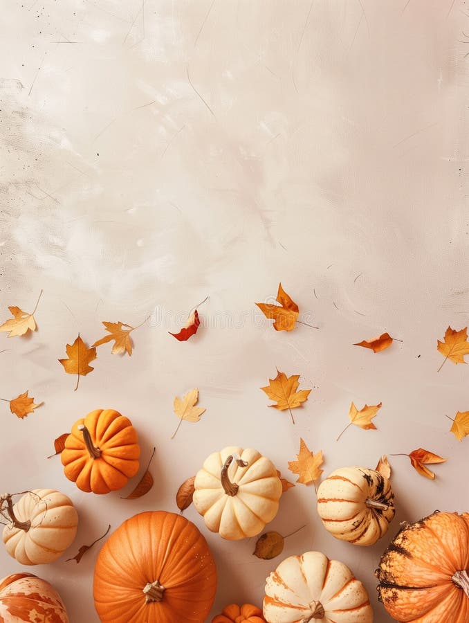 Assorted Pumpkins and Autumn Leaves on a Light Textured Background ...
