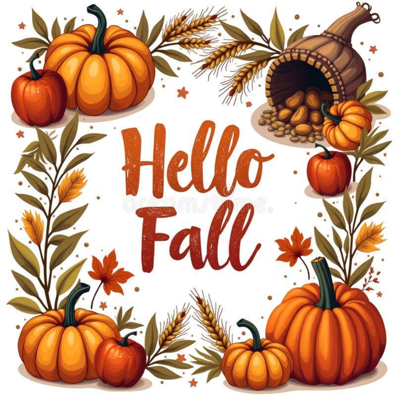 Assorted Pumpkins, Autumn Leaves, Wheat Stalks, and a Cornucopia Frame ...