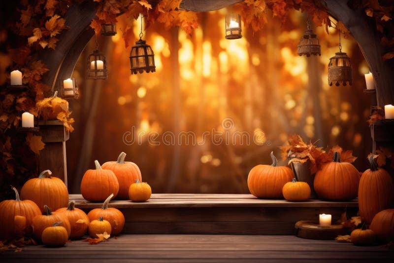 Assorted Pumpkins on Rustic Wooden Boards with an Shinning Autumn ...