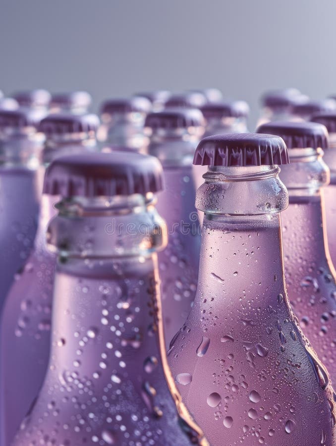Assorted Purple Beverage Bottles with Condensation Droplets. Stock ...
