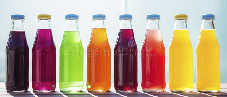Assorted Rainbow Liquid Filled Bottles in a Neat Sequential Lineup ...