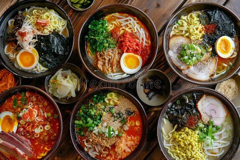 Assorted Ramen Bowls with Different Toppings, Arranged on a Wooden ...