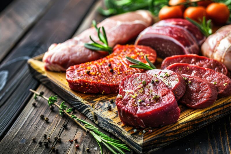 Assorted Raw Beef Steaks on Rustic Wooden Table - Premium Cuts of Fresh ...
