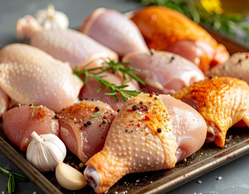 Assorted Raw Chicken Cuts with Herbs and Spices on Metal Tray Stock ...