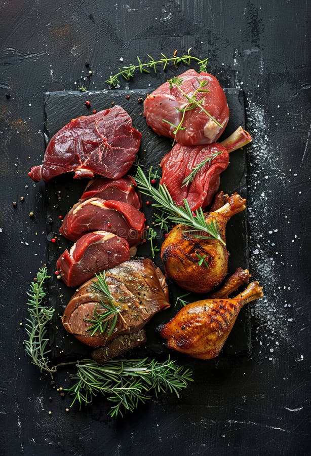 Assorted Raw and Cooked Meat Cuts Arranged on a Dark Background ...